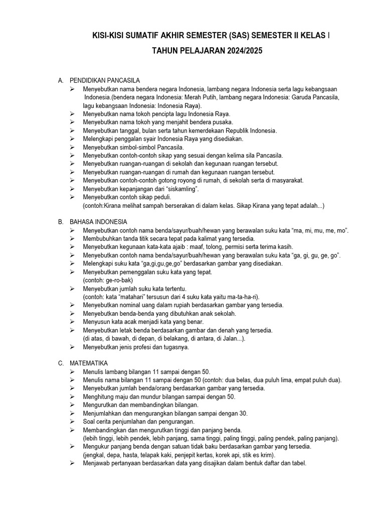 Kisi-kisi Sumatif Akhir Semester Kelas 1 Tahun 2024-2025 | PDF