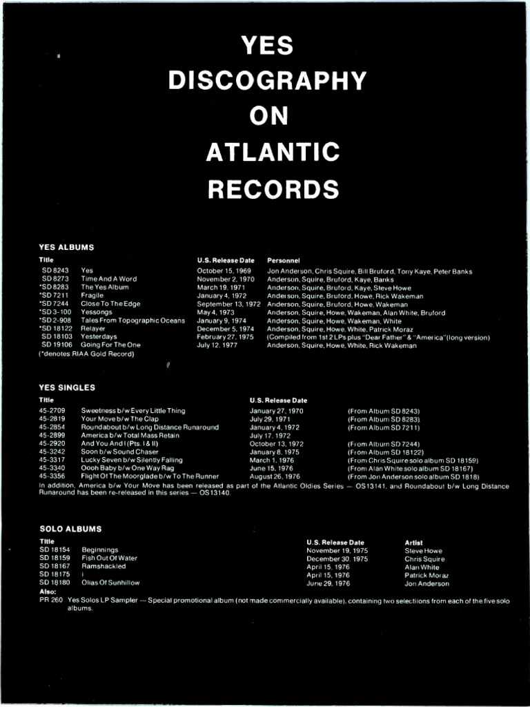 YES Discography On Atlantic Records | PDF | Sound Recording | Rock Music