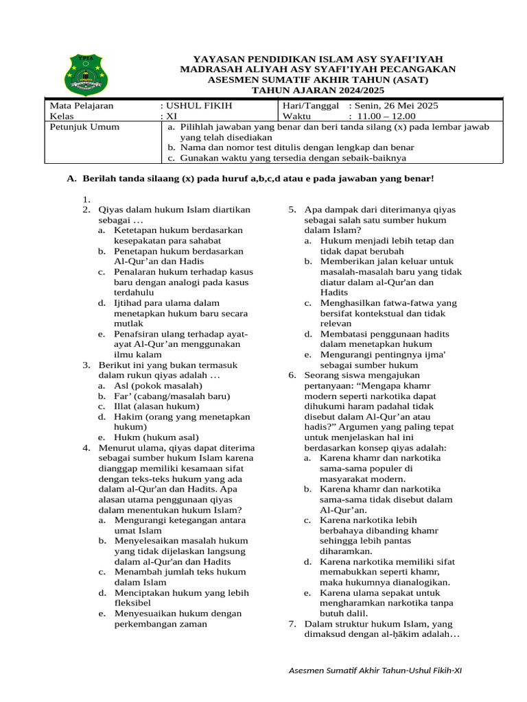 SOAL ASAT USHUL FIKIH XI 2025 | PDF