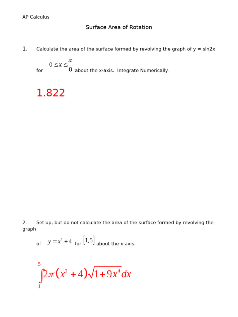 Surface Area of Rotation WKSHT Ans | PDF