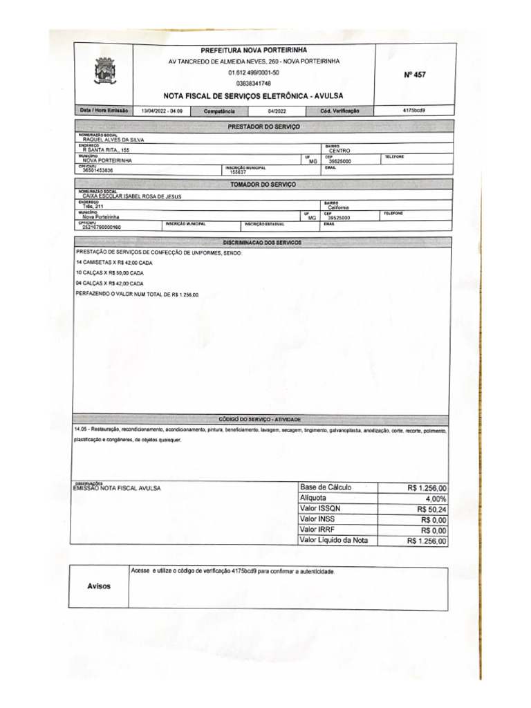 Nota Fiscal Rs Uniformes | PDF