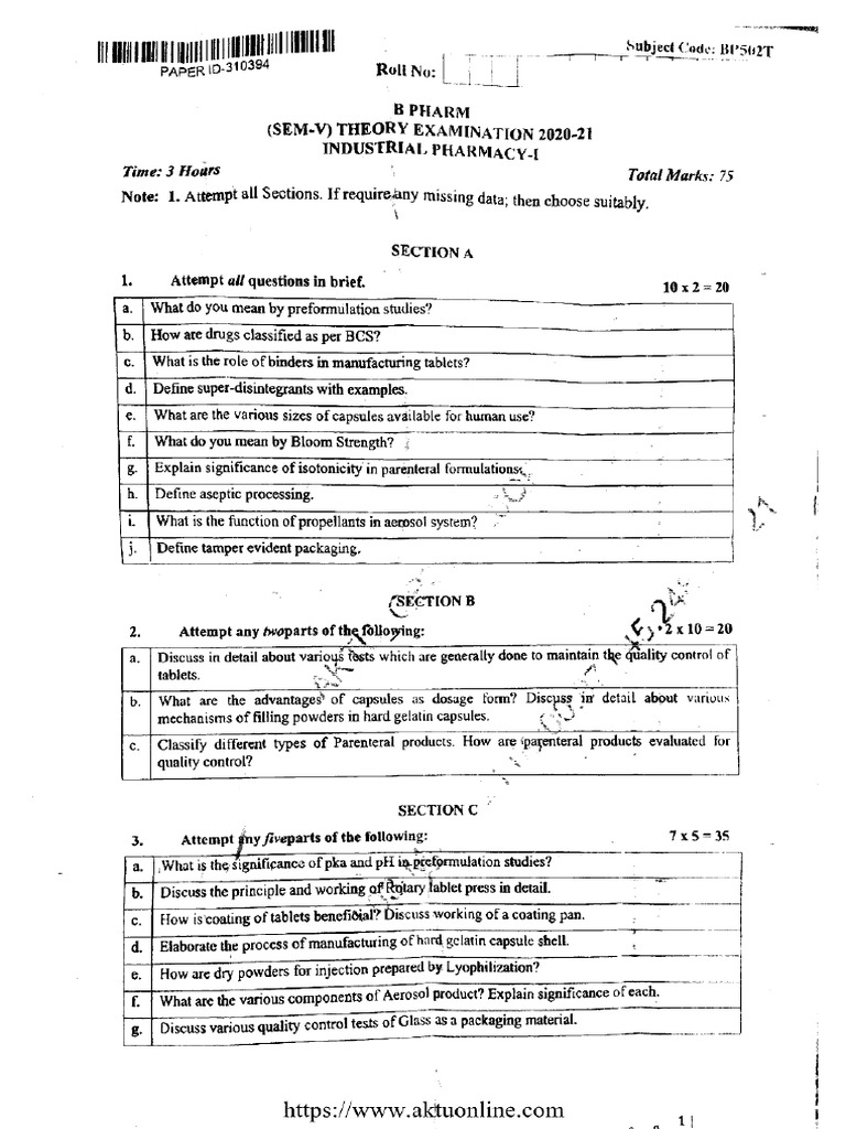 Bpharm 5 Sem Industrial Pharmacy 1 Bp502t 2021 | PDF