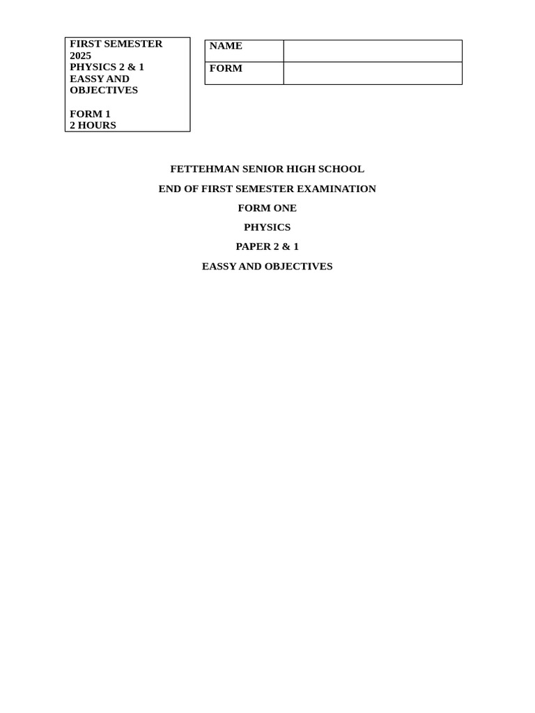Physics Exam Paper: First Semester 2025 | PDF | Force | Velocity