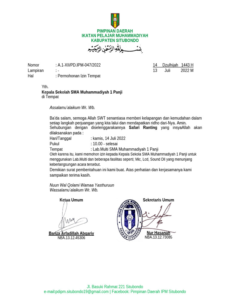 Permohonan Izin Tempat Safari Ranting IPM | PDF