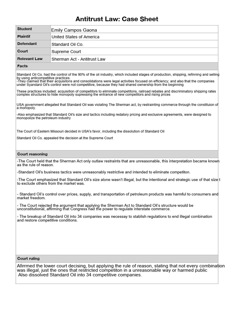 Standard Oil Case Sheet 2 EC | PDF | Standard Oil | Sherman Antitrust Act