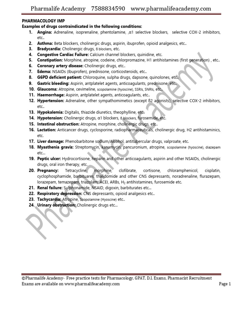 Pharmacology Drug Contraindications Guide | PDF | Aspirin | Analgesic