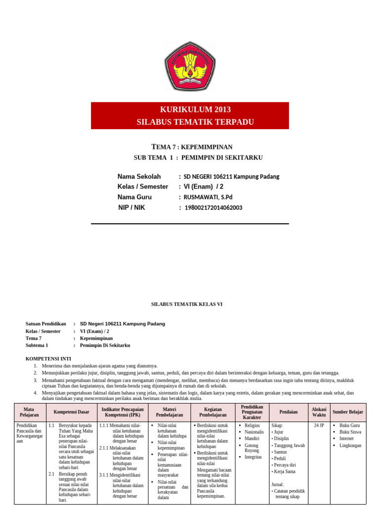 Silabus Kelas 6 Tema 7 | PDF
