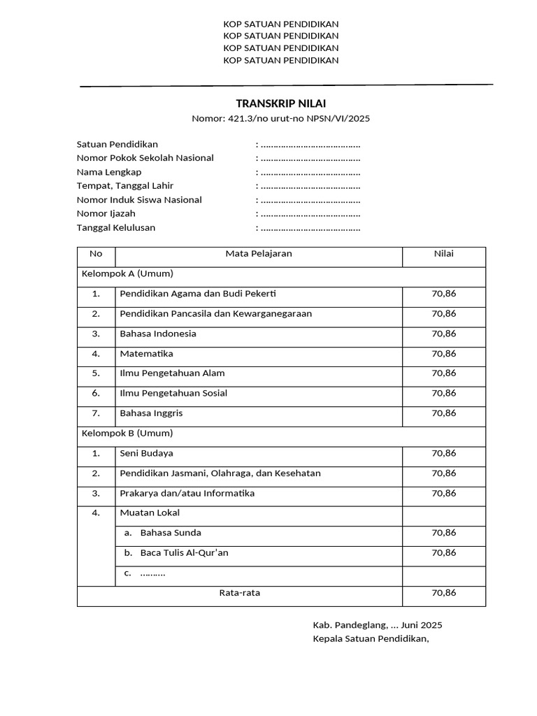 Format Transkrip Nilai 2025-K13 | PDF