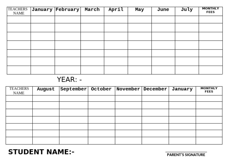 Monthly Teacher Fee Record Template | PDF