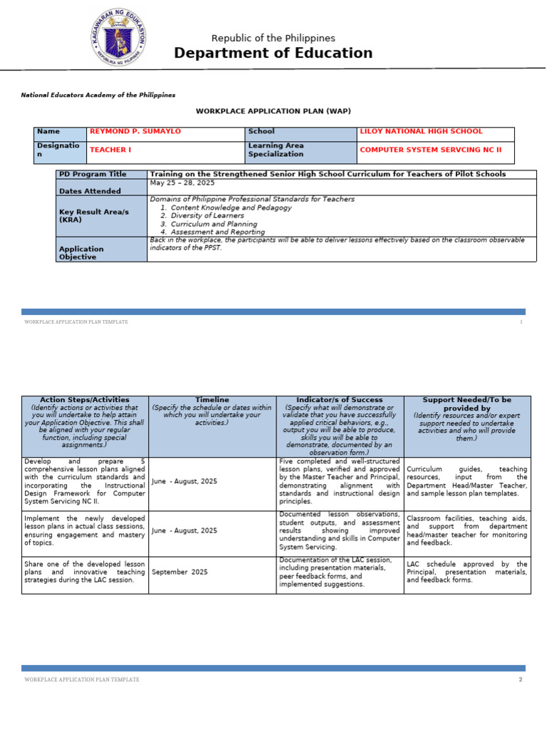 PD Program Workplace Application Plan Template | PDF | Teachers | Lesson Plan