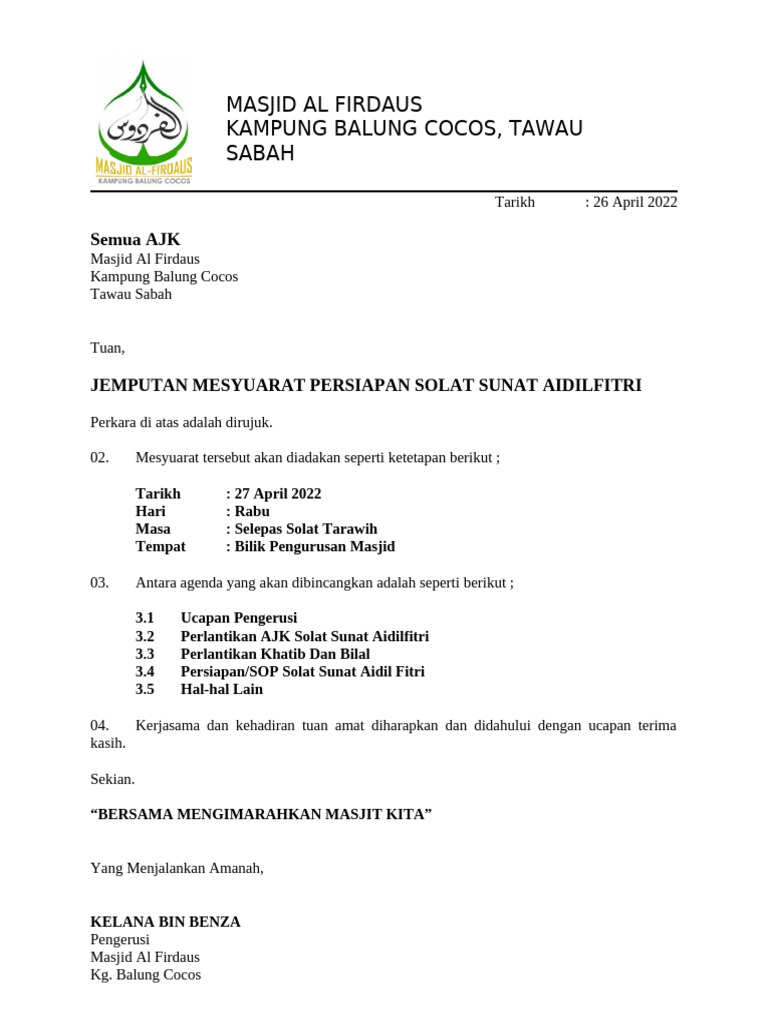 Surat Jemputan Mesyuarat Masjid Solat Aidilfitri | PDF