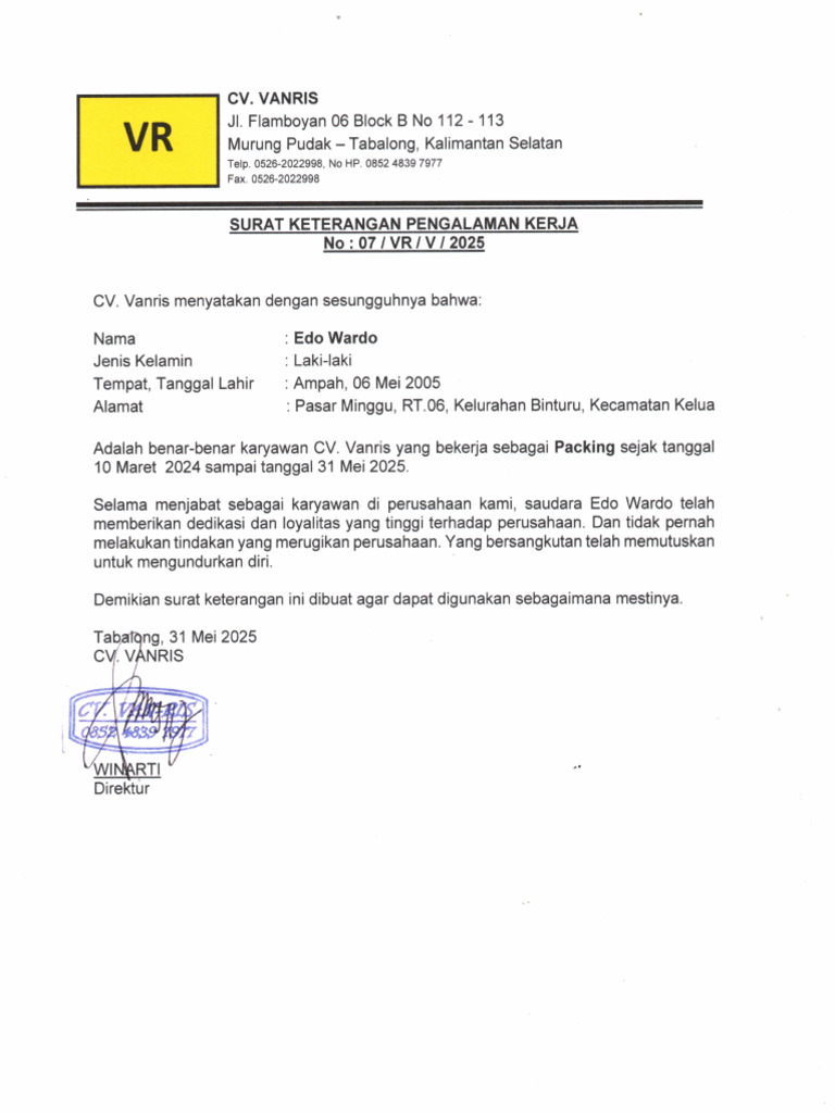 Surat Pengalaman Kerja Edo Wardo | PDF
