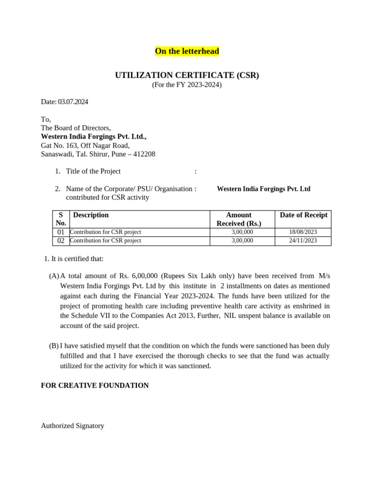 CSR Utilization Certificate FY 2023-24 | PDF