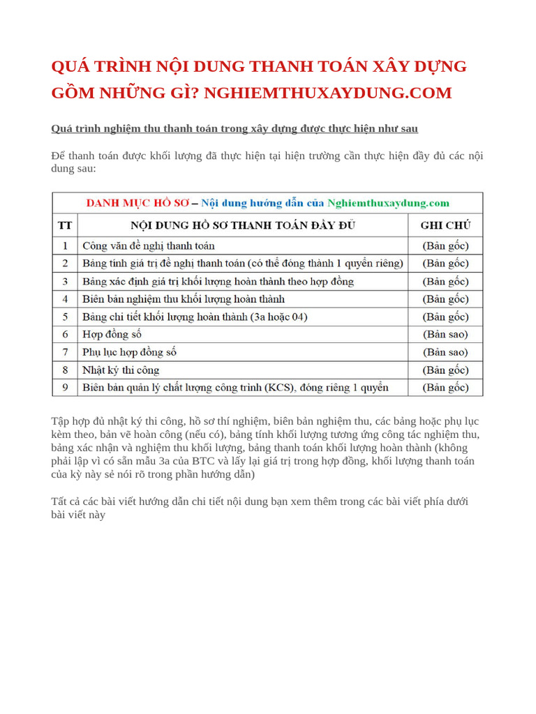 Quá Trình N I Dung Thanh Toán Xây D NG G M NH NG G | PDF