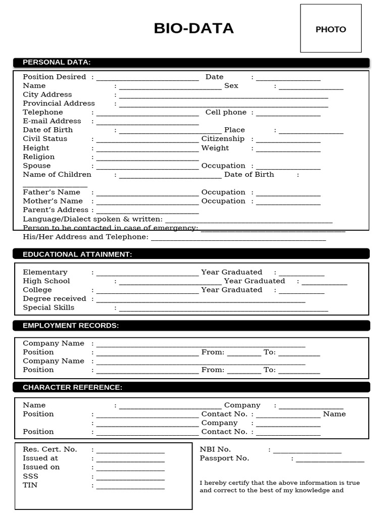Philippines Example of Biodata Form Ms Word Format | PDF
