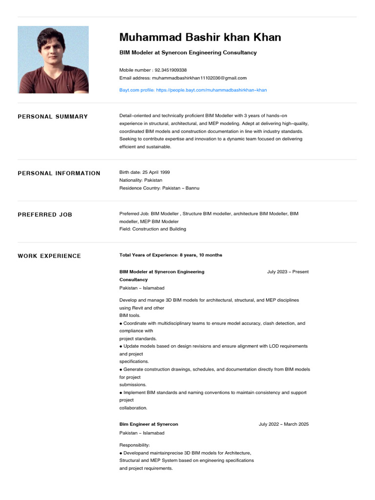 CV85960935 - Muhammad Bashir Khan Khan | PDF | Building Information ...