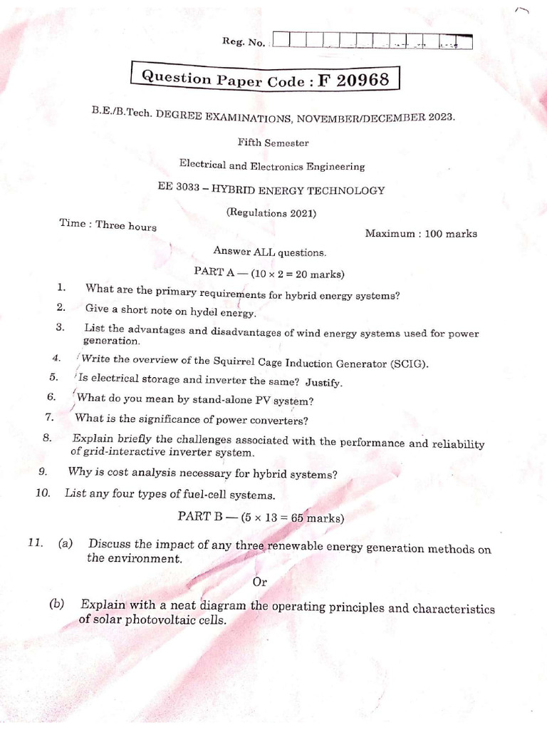 EEE 5th Semester - Hybrid Energy Technology - EE3033 2021 Regulation - Question Paper 2023 Nov ...