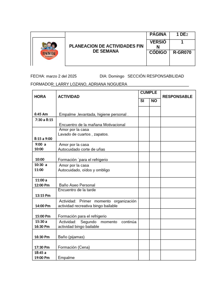 Planeacion de Actividades Fin de Semana Paraiso | PDF