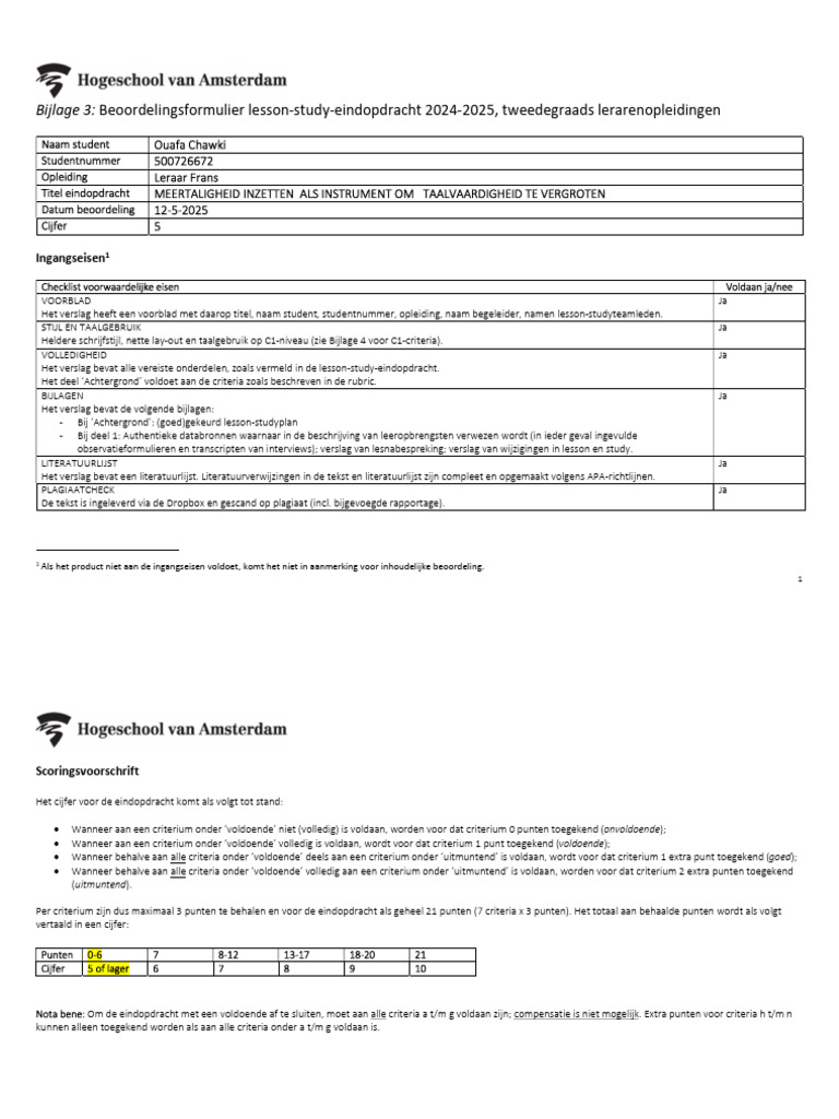 Beoordelingsformulier BO7 Ouaffa Chawki TB - SR | PDF