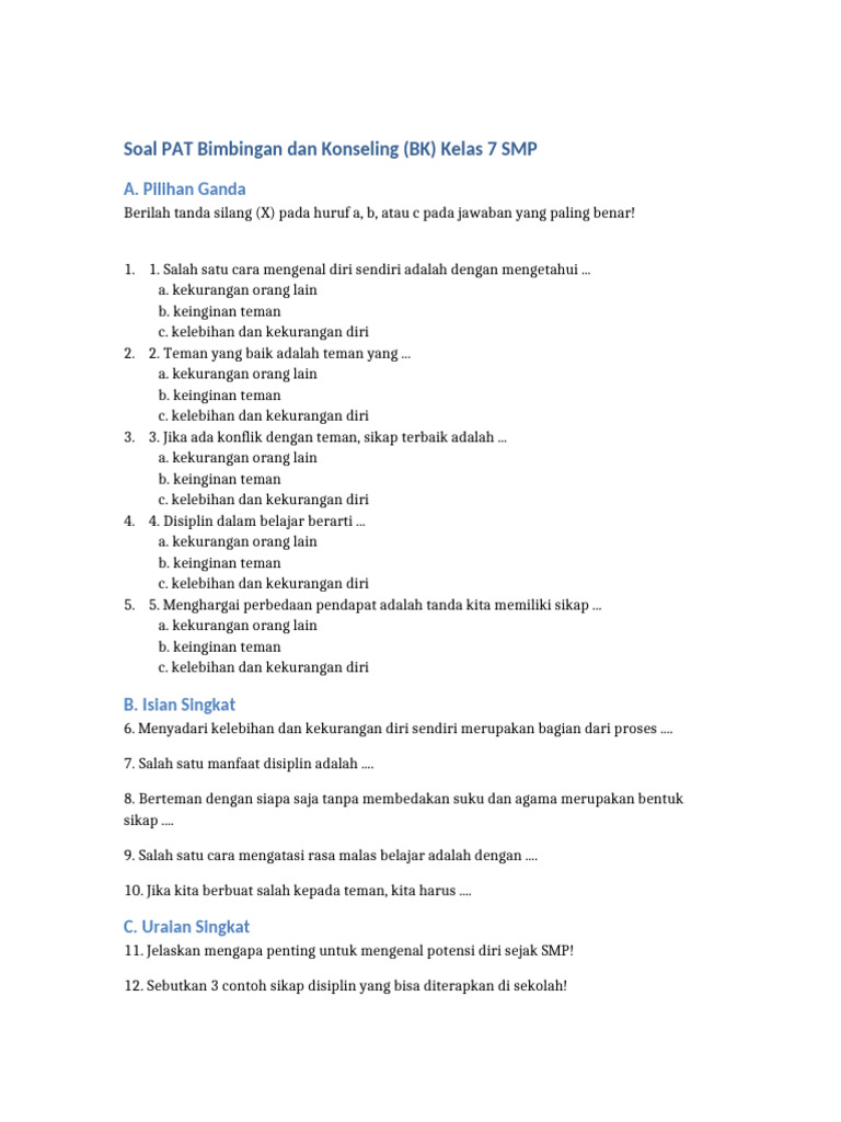 Soal Pat BK Kelas 7 SMP | PDF