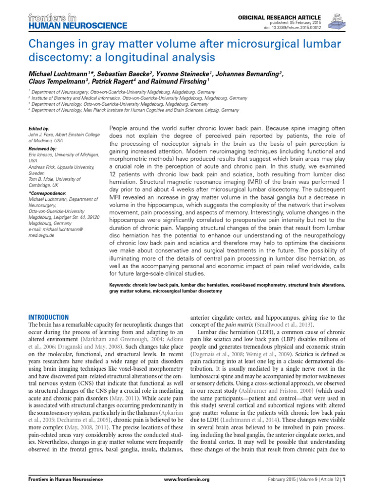 Changes in Gray Matter Volume After Microsurgical Lumbar Discectomy A ...