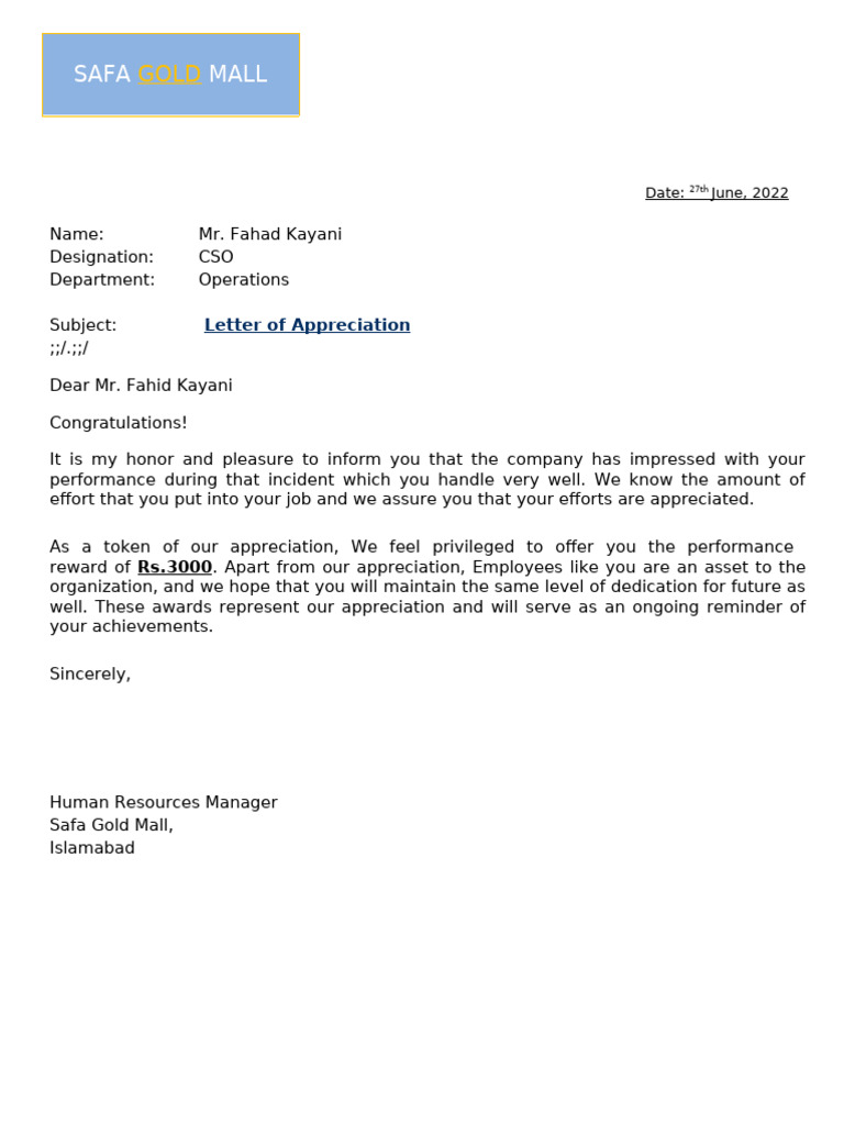 Appreciation Letter - Fahid CSO | PDF