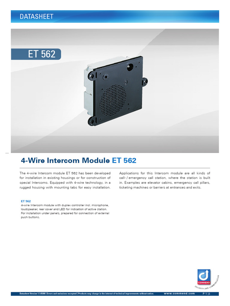 ET 562 Datasheet Info Del Intercom Et 562 | PDF | Microphone | Loudspeaker