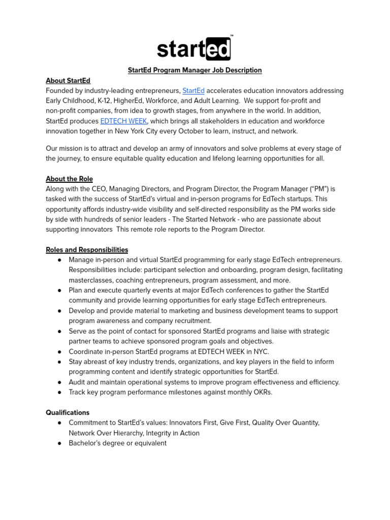 StartEd Program Manager Job Description | PDF | Educational Technology ...
