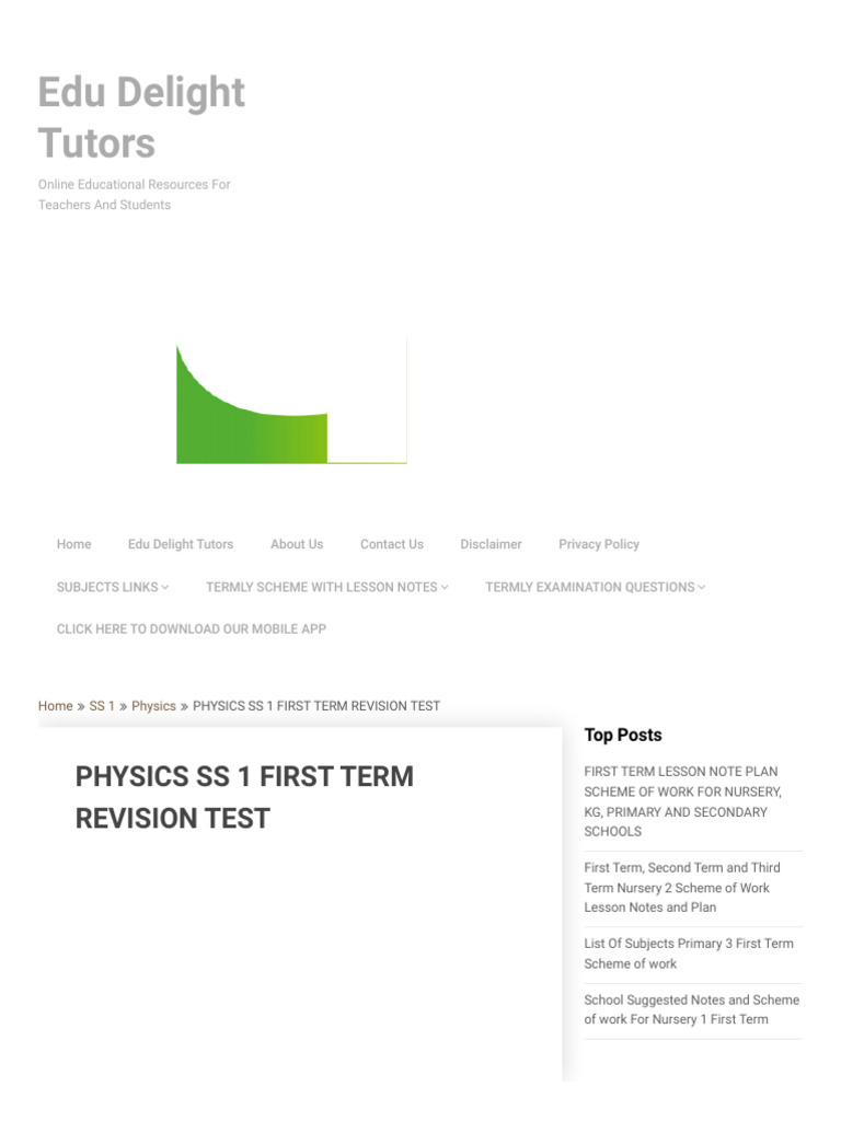 SS1 Physics First Term Revision Test | PDF | Acceleration | Velocity