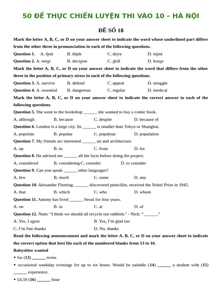 50 Đề Thực Chiến Luyện Thi Vào 10 Môn Anh - Hà Nội Năm 2025 Có Đáp Án Bvv Đề Số 18 | PDF | Italy ...