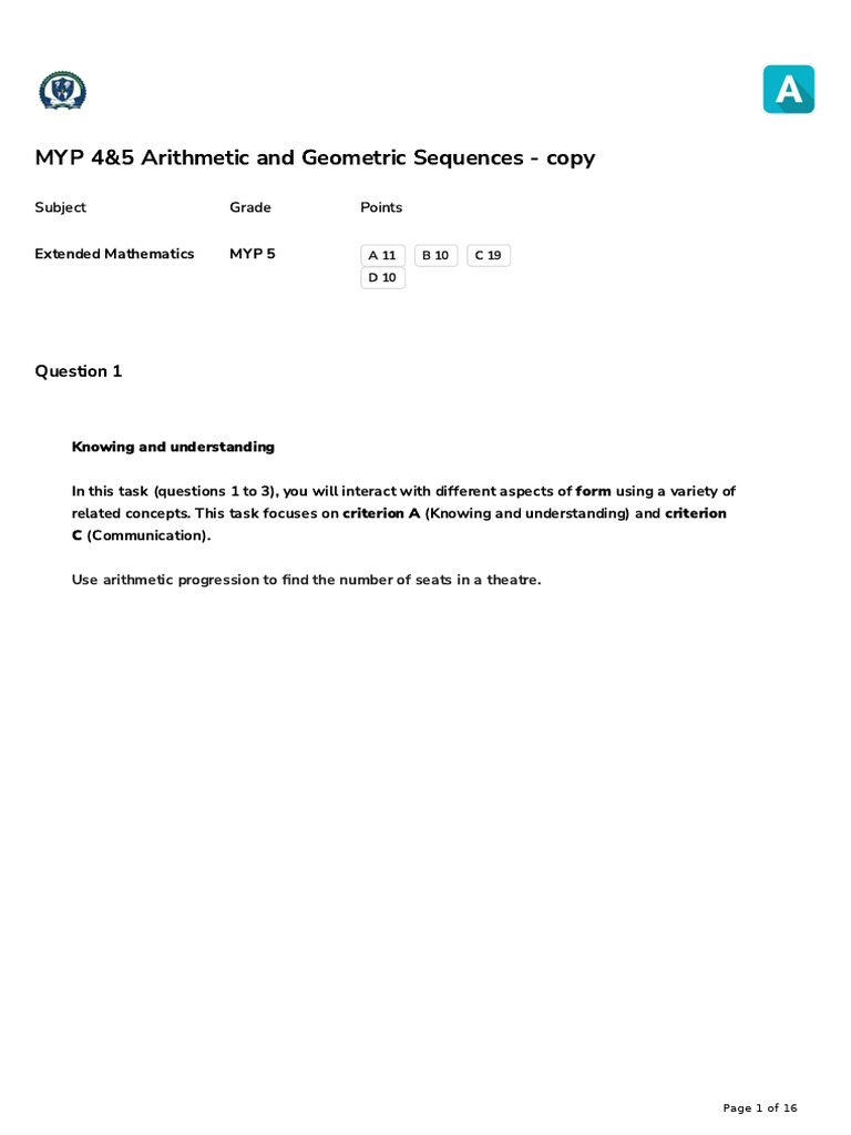 MYP 4&5 Arithmetic and Geometric Sequences | PDF | Area | Mathematics