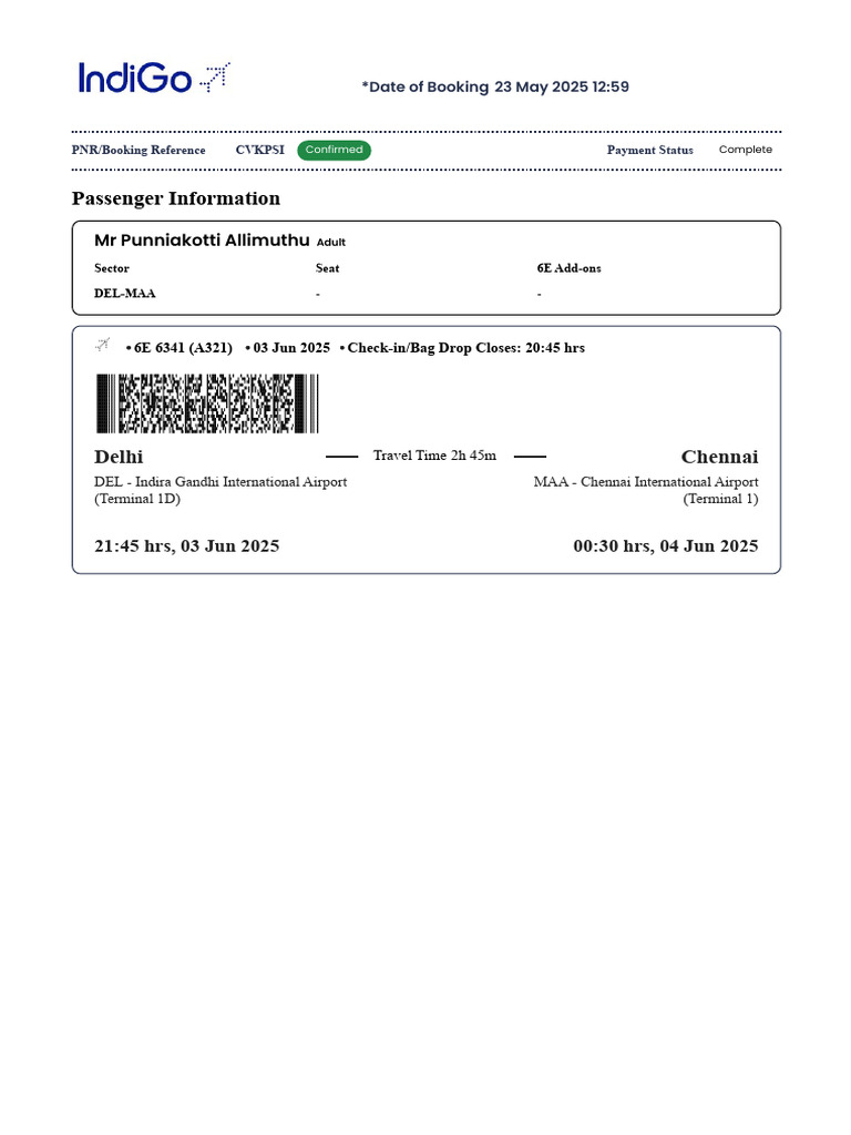 Flight Status for 6E 6341 on June 3 | PDF