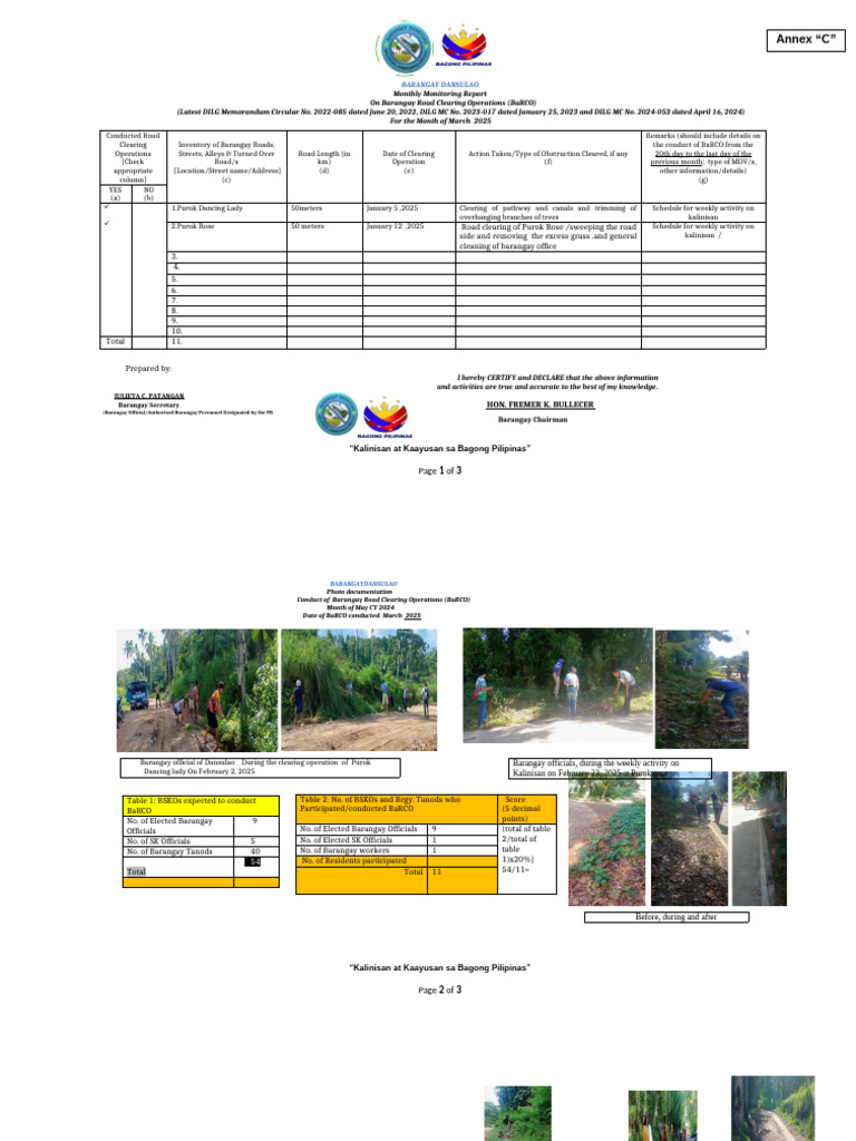 Annex C Barangay BaRCO Monthly Monitoring Report Template With PBs Certification | PDF | Chess ...