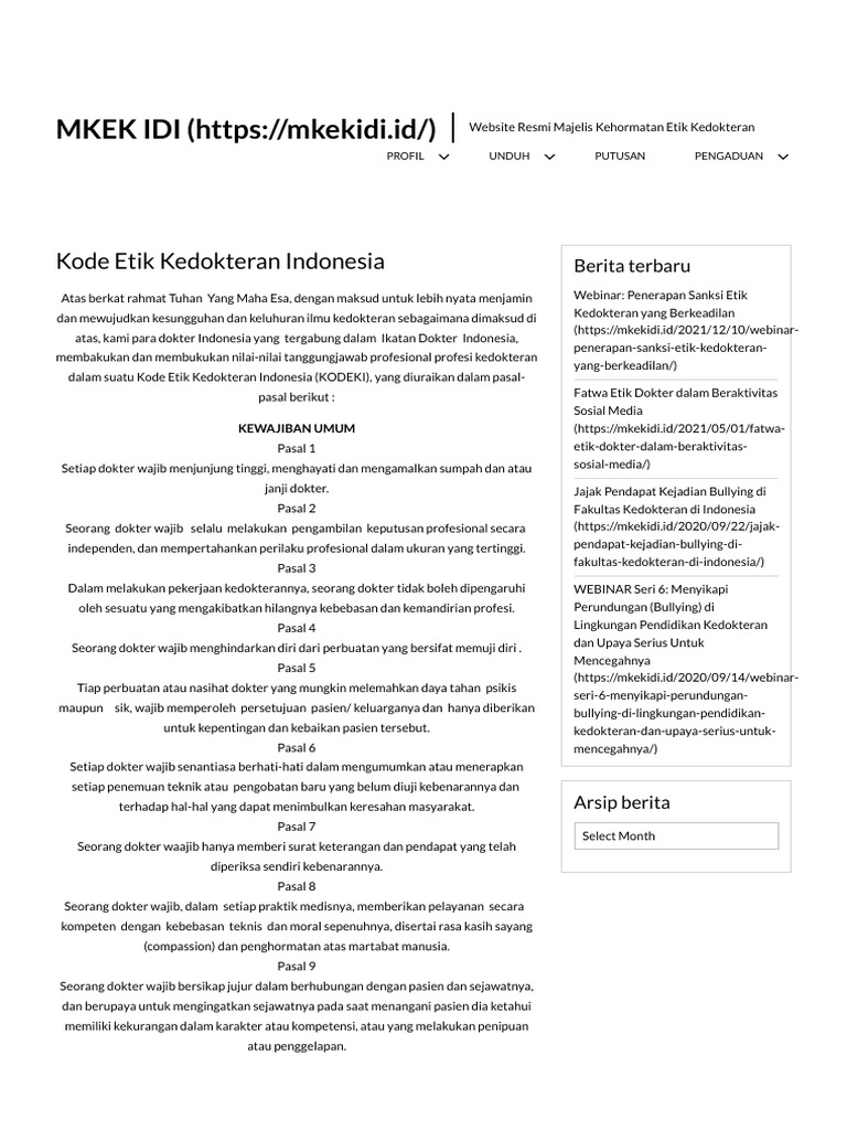 Kode Etik Kedokteran Indonesia - MKEK IDI | PDF