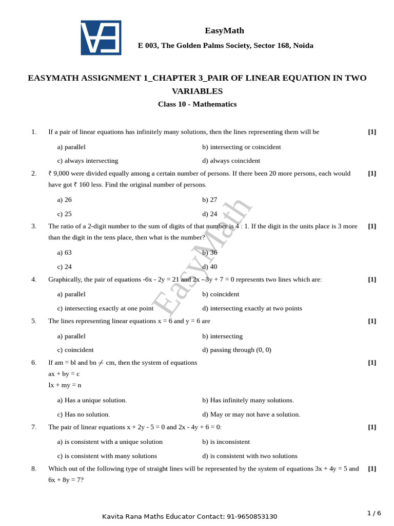 Easymath Assignment 1 Ch3 Pair of Linear Equations in Two Variables - Class 10-1 | PDF ...