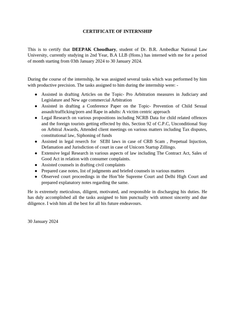 CERTIFICATE OF INTERNSHIP, Deepak Kumar | PDF