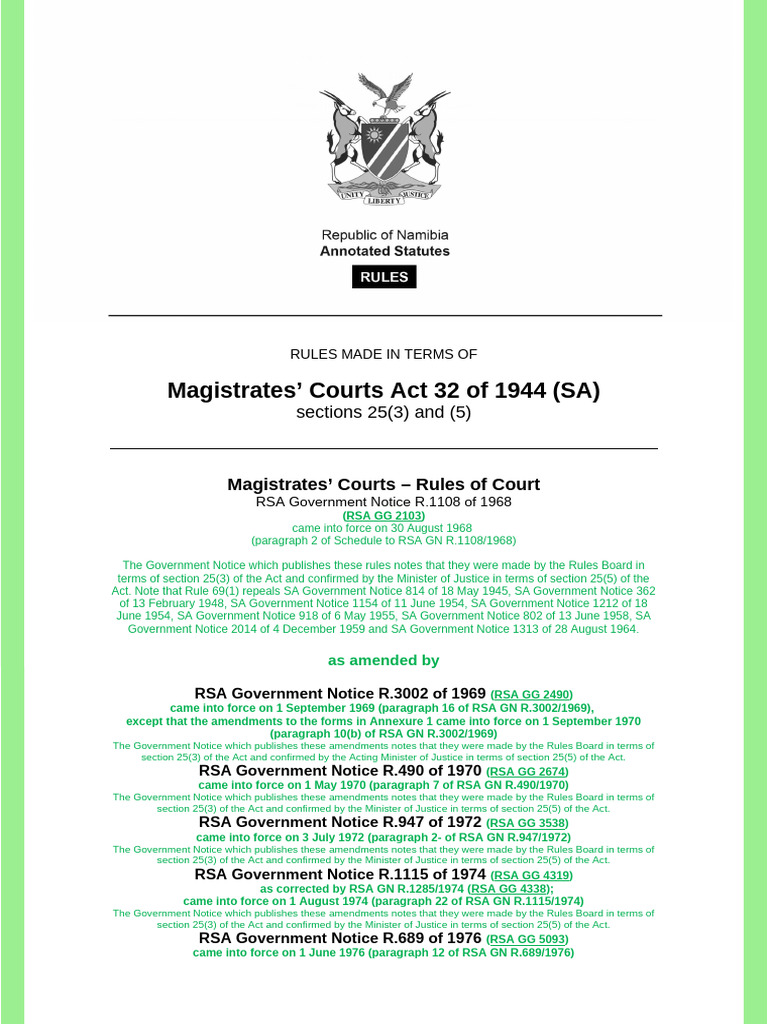 Namibia Magistrates' Courts Rules Overview | PDF | Summons | Judgment (Law)