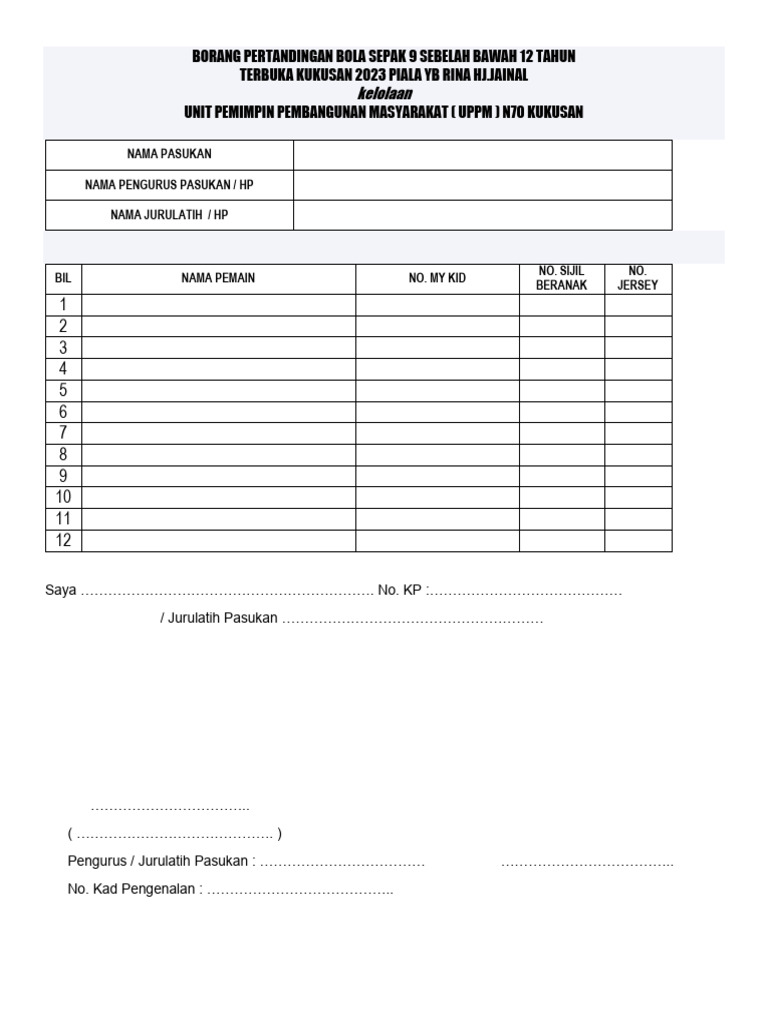 Borang Pertandingan Bola Sepak 9 Sebelah Bawah 12 Tahun | PDF