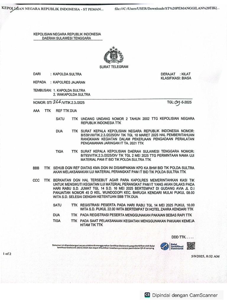 TR Pemanggilan Kasi TIK | PDF