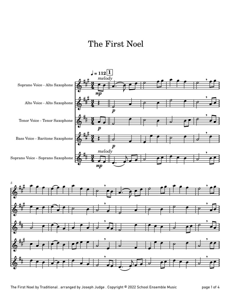 The First Noel For Saxophone Quartet in Schools | PDF | Saxophone ...