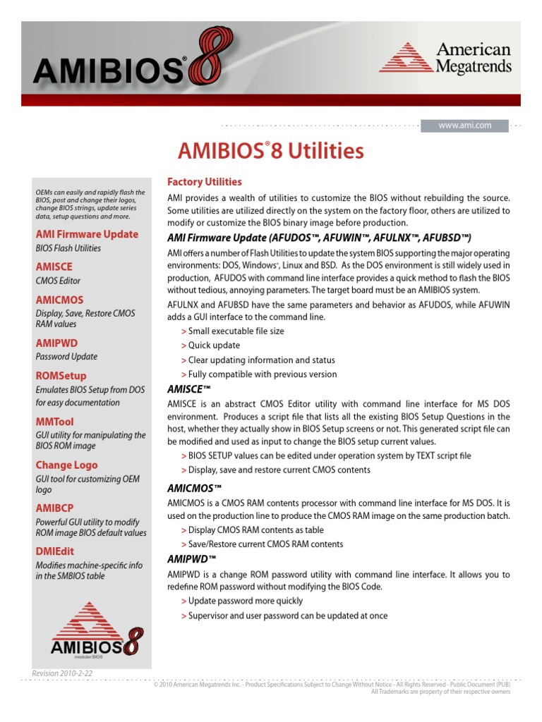 Amibios8 Utilities Datasheet Pub 02222010 | PDF | Bios | Graphical User ...