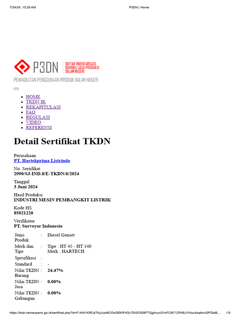 Sertifikat TKDN Genset Diesel 2024 | PDF