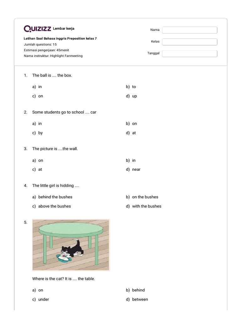 Latihan Soal Bahasa Inggris Preposition Kelas 7 - Quizizz | PDF