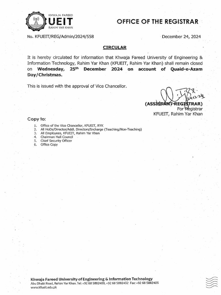 Circular-Holiday On Account of Quaid-e-Azam Day | PDF