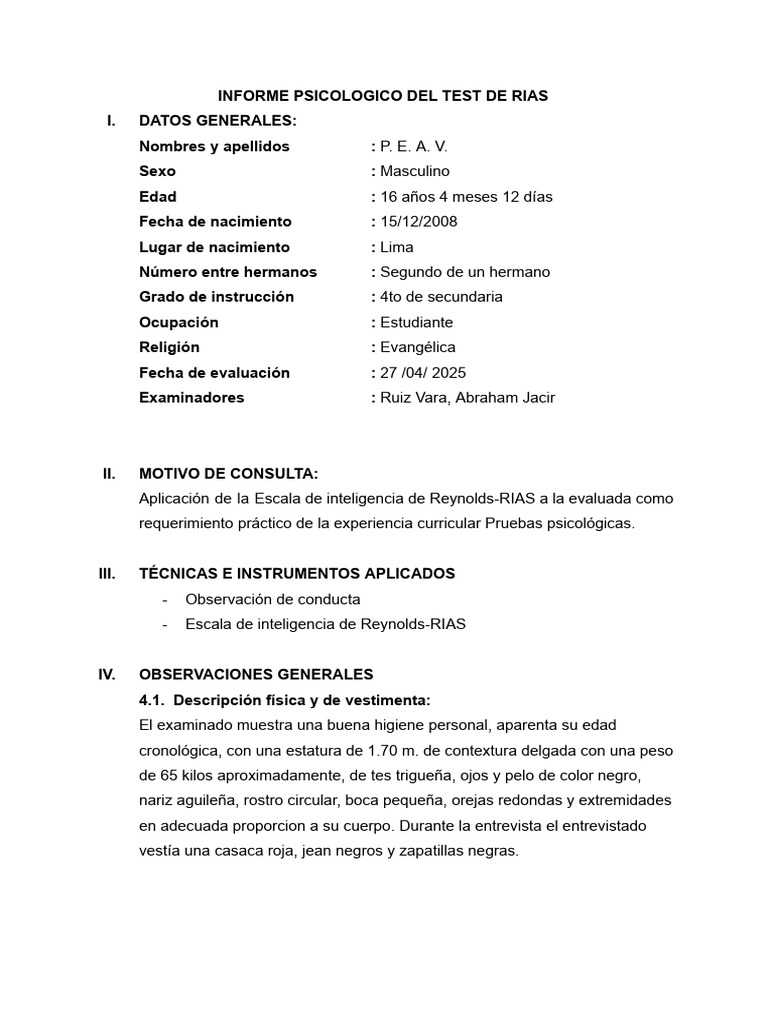 INFORME PSICOLOGICO DEL TEST DE RIAS - Caso de Pruebas Psicológicas ...
