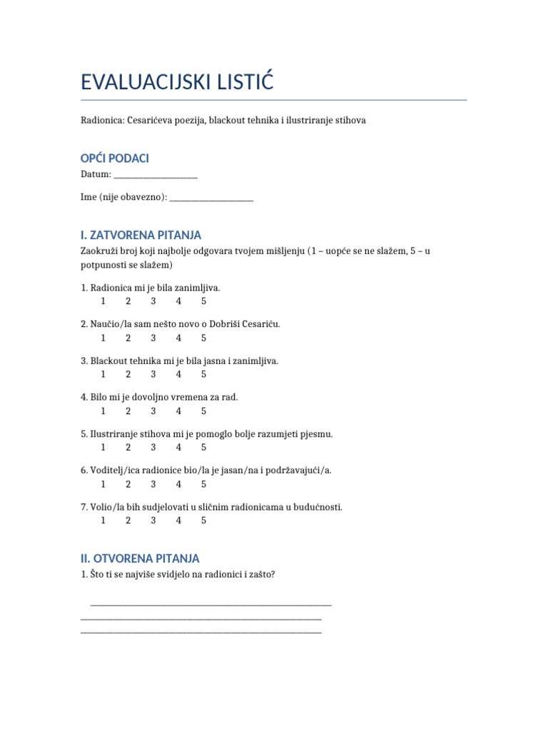 Evaluacijski Listic Cesaric Radionica | PDF