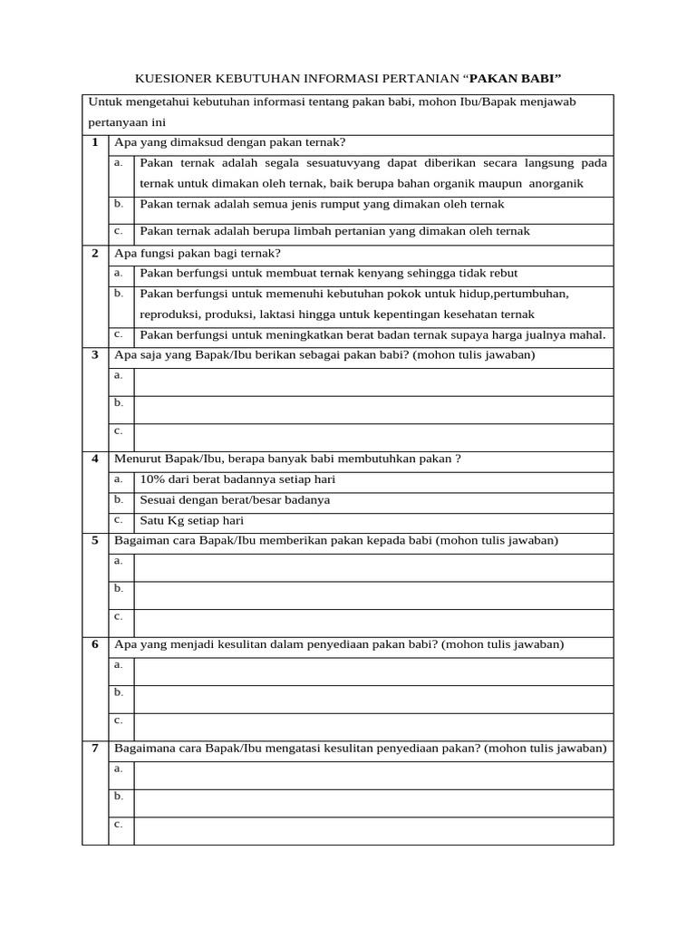 KUESIONER KEBUTUHAN INFORMASI PERTANIAN Babi | PDF