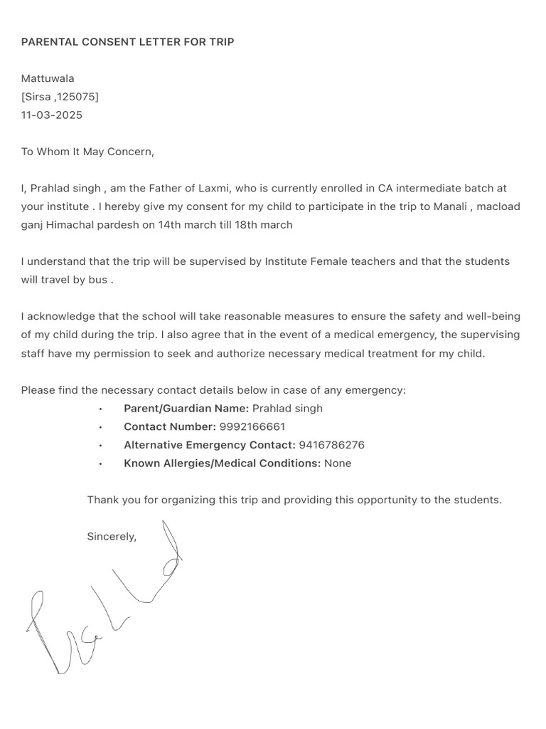 Parental Consent Letter for School Trip | PDF