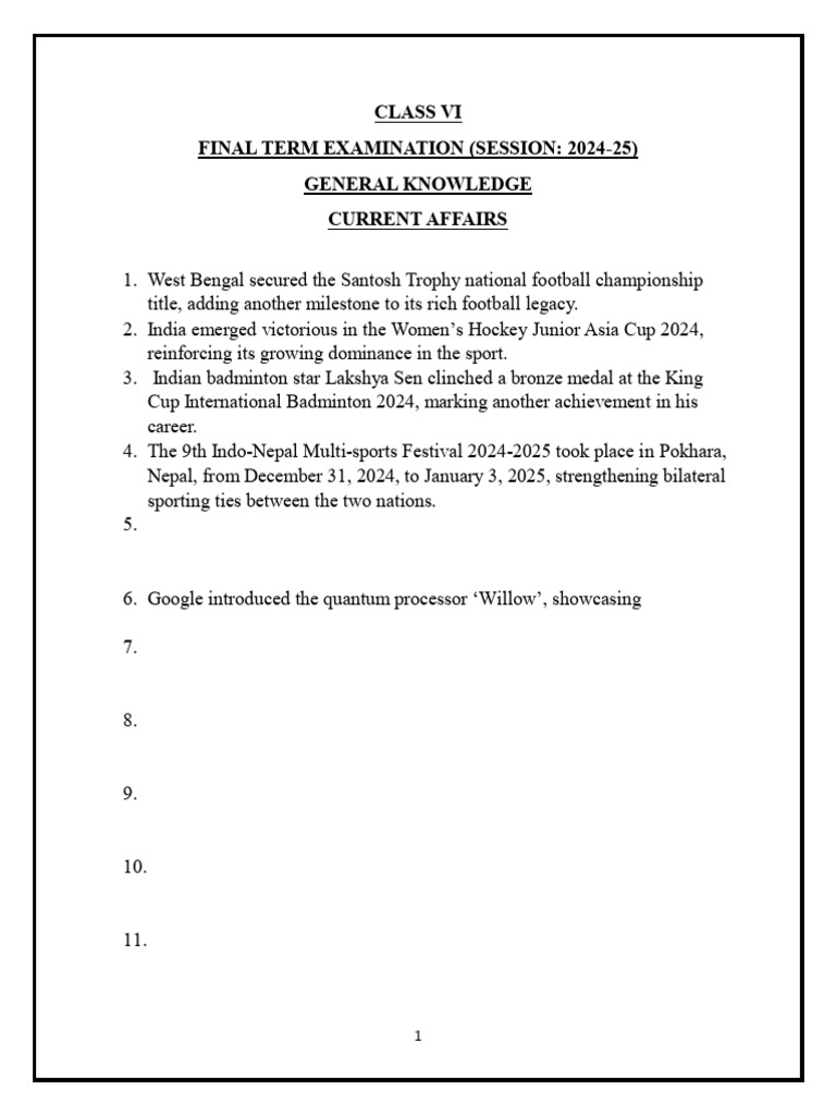 Class Vi GK Final Term Current Affairs Session 2024-25 | PDF