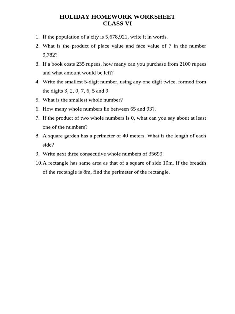 VI MATH HHW Worksheet-1 | PDF